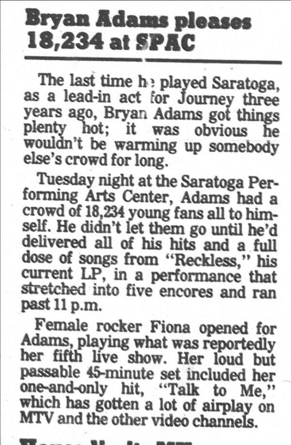 Bryan Adams / Fiona @ Saratoga Performing Arts Center (June 18, 1985 ...